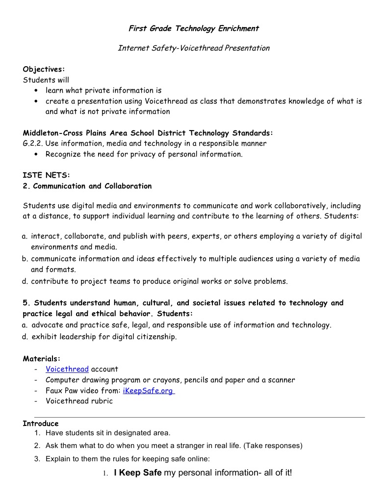 Internet Safety - Voicethread - First Grade Lesson | PDF | Internet ...