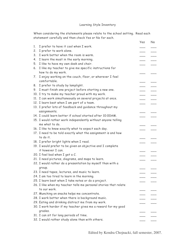 Learning Styles Inventory | PDF | Learning Styles | Neuropsychological ...