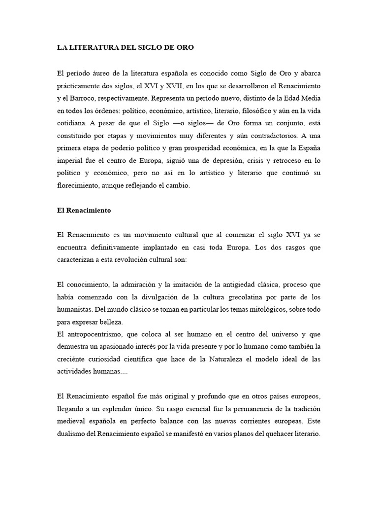 La Literatura Del Siglo de Oro. El Renacimiento. 25.02.2026 | PDF ...