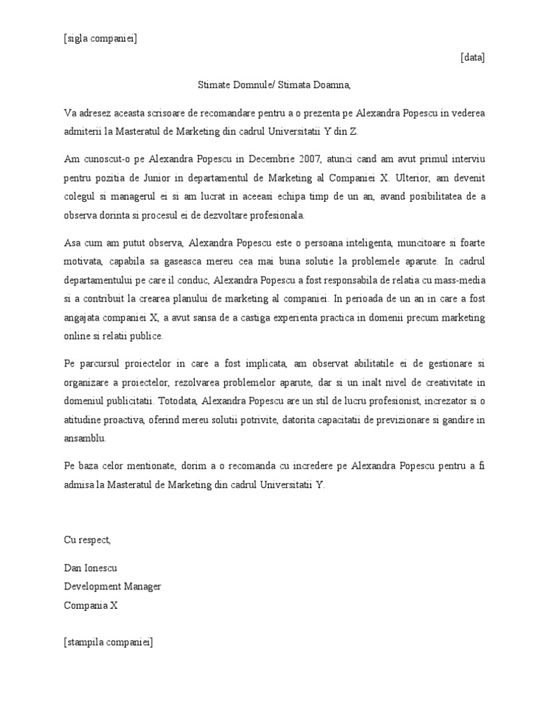 Model Scrisoare de Recomandare Pentru Masterat Din Partea Angajatorului ...