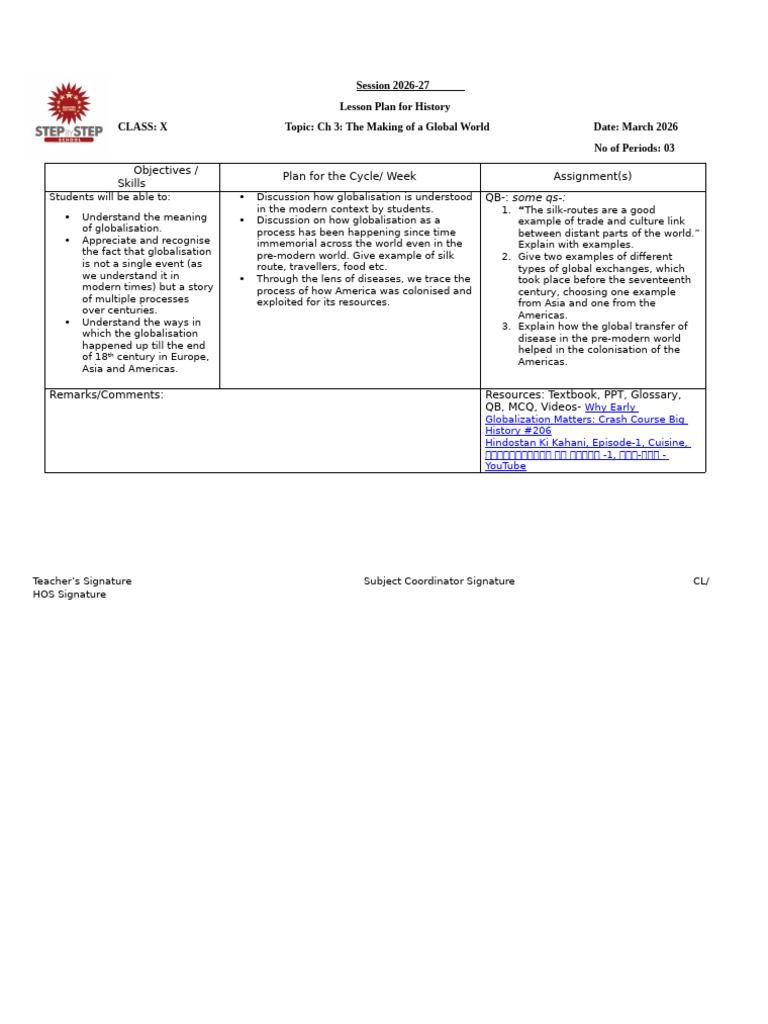 The Making of A Global World - Lesson Plan (2026-27) | PDF