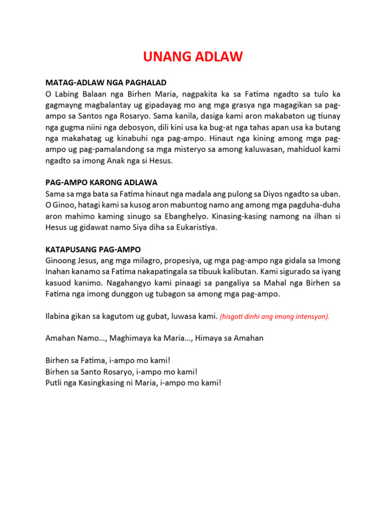 Nobena Sa Birhen Sa Fatima Cebuano | PDF