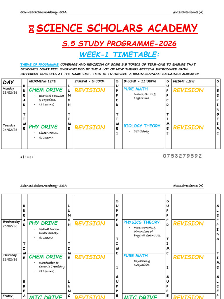 s.5 Week 1 Preparation Lessons Timetable - Ssa? | PDF | Physical ...