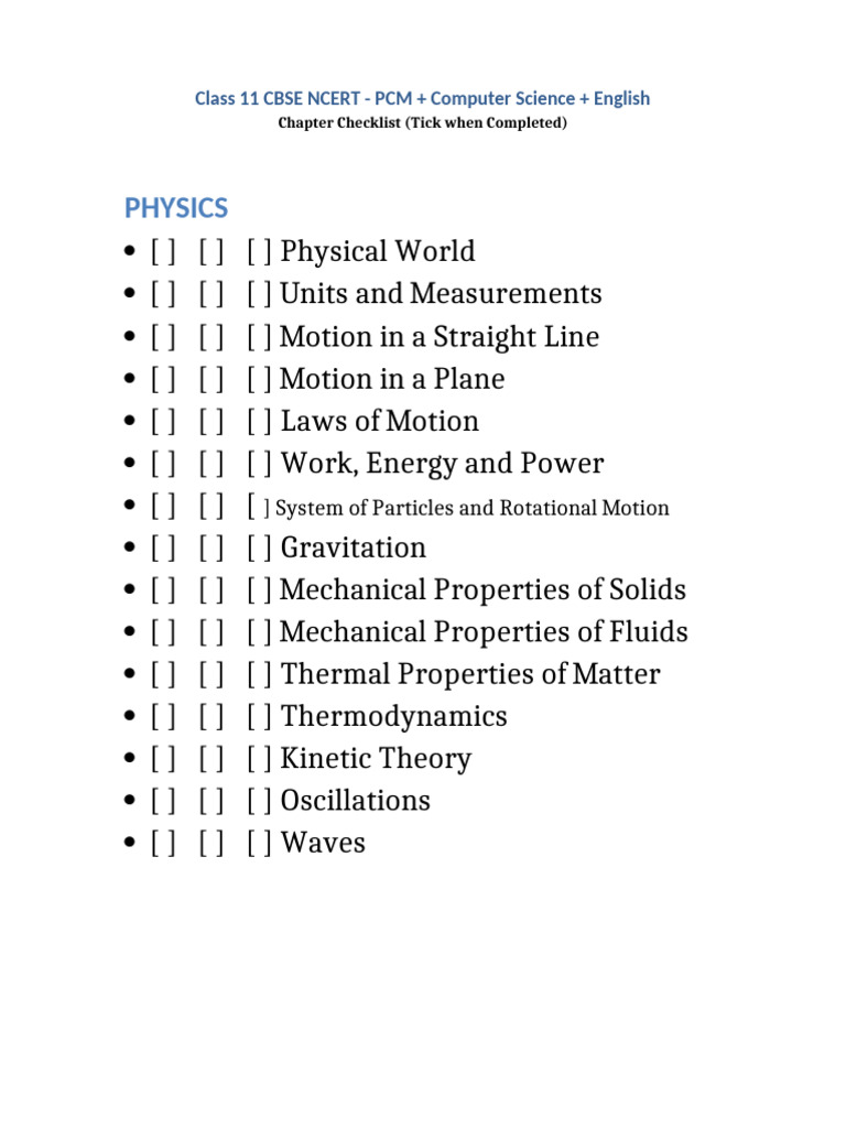Class 11 PCM CS English Chapters Checklist | PDF | Physics | Mechanics