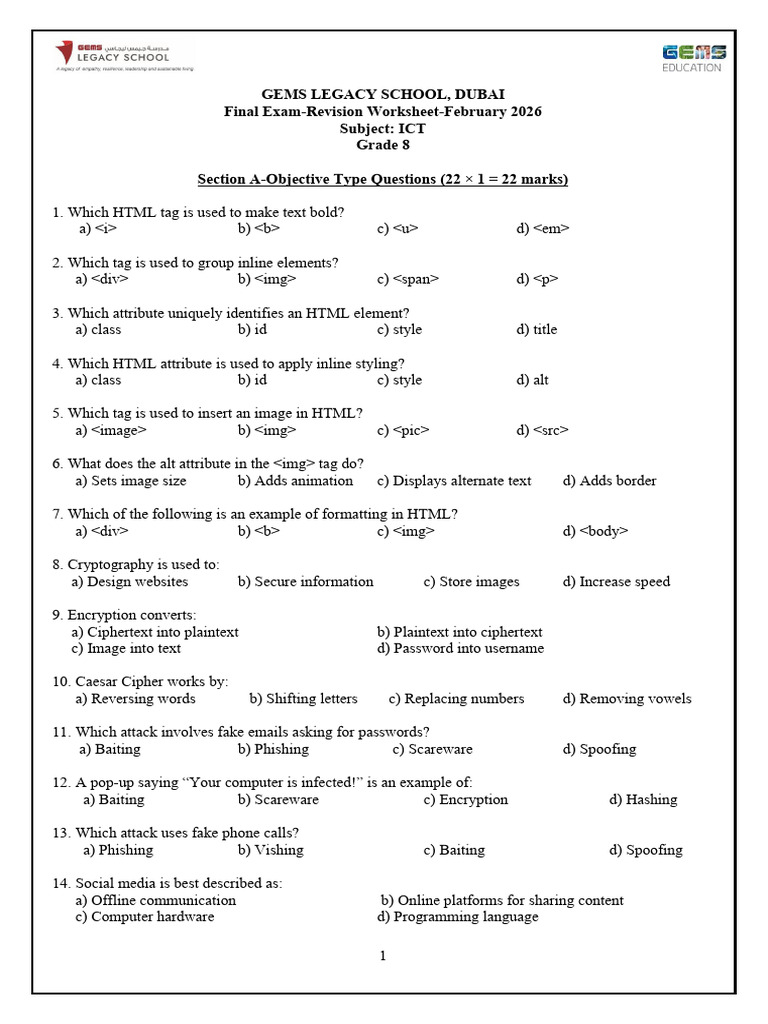 Grade 8 ICT Revision Worksheet Final Exam | PDF | Cryptography | Password