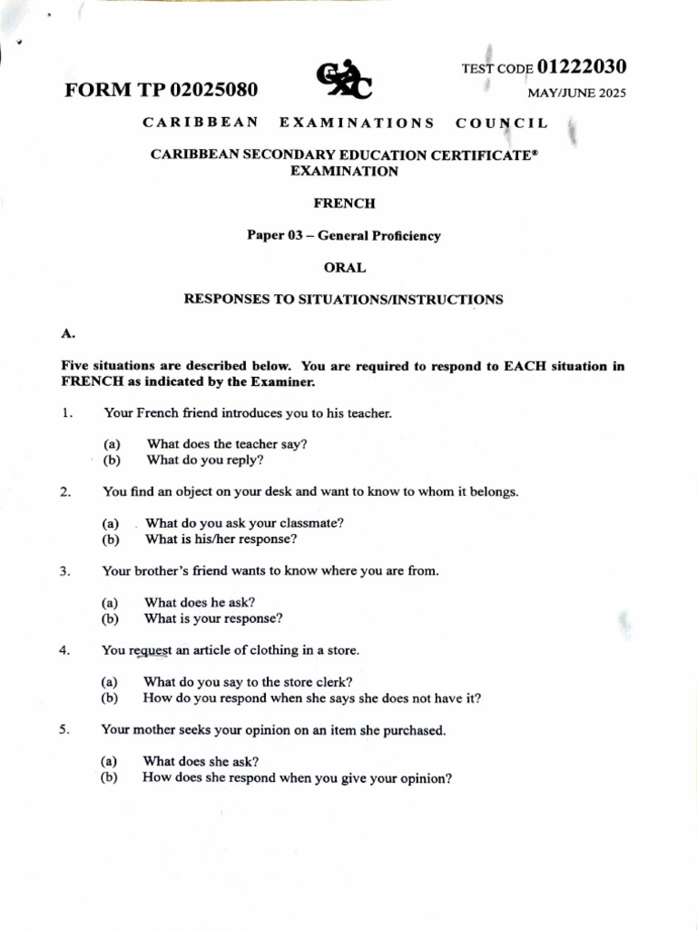 2025 CSEC French Paper 03 | PDF