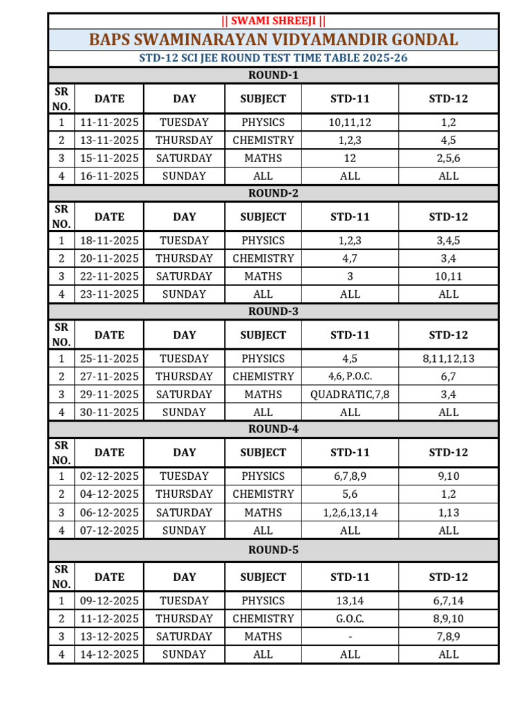 Std 12 Sci Jee Time Table 2025-26 | PDF