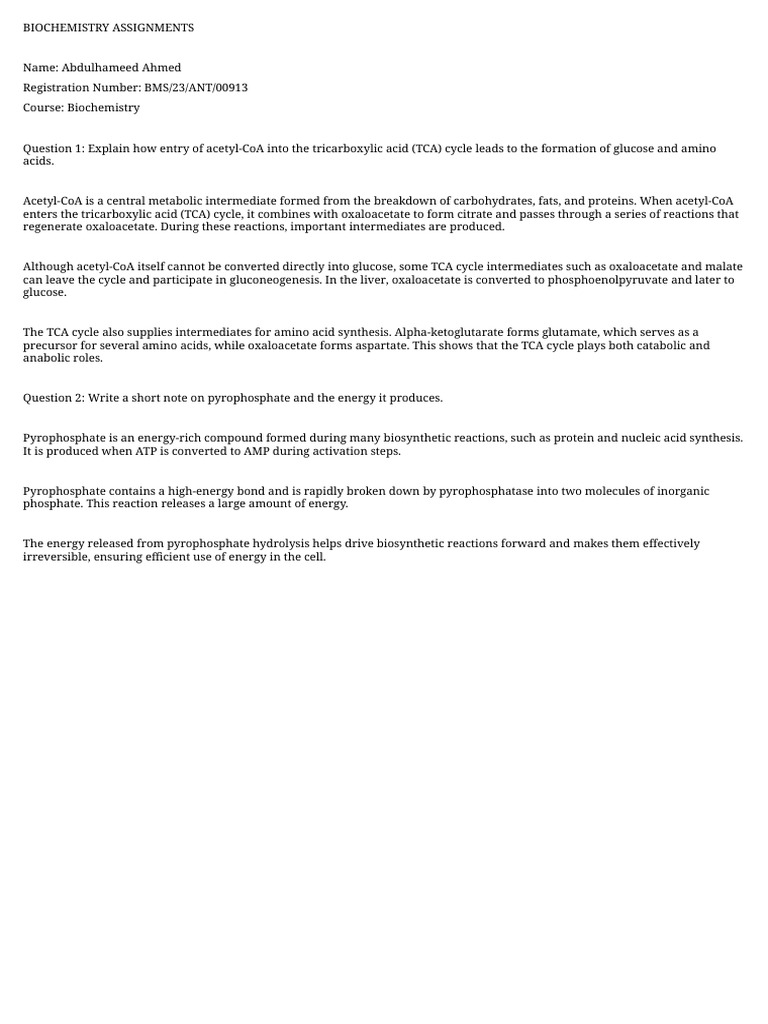 Biochemistry Assignments AnatomyDepartment BMS23ANT00913 | PDF