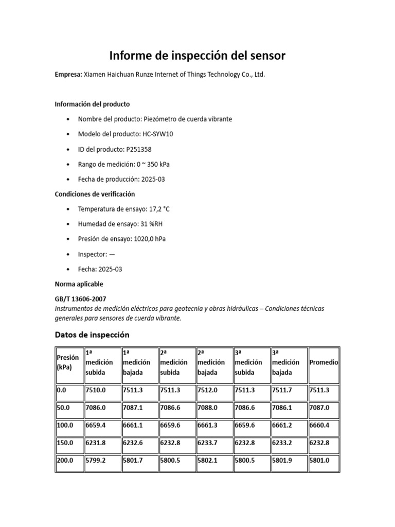 Informe de Inspección Del Sensor | PDF | Instrumento de medición ...