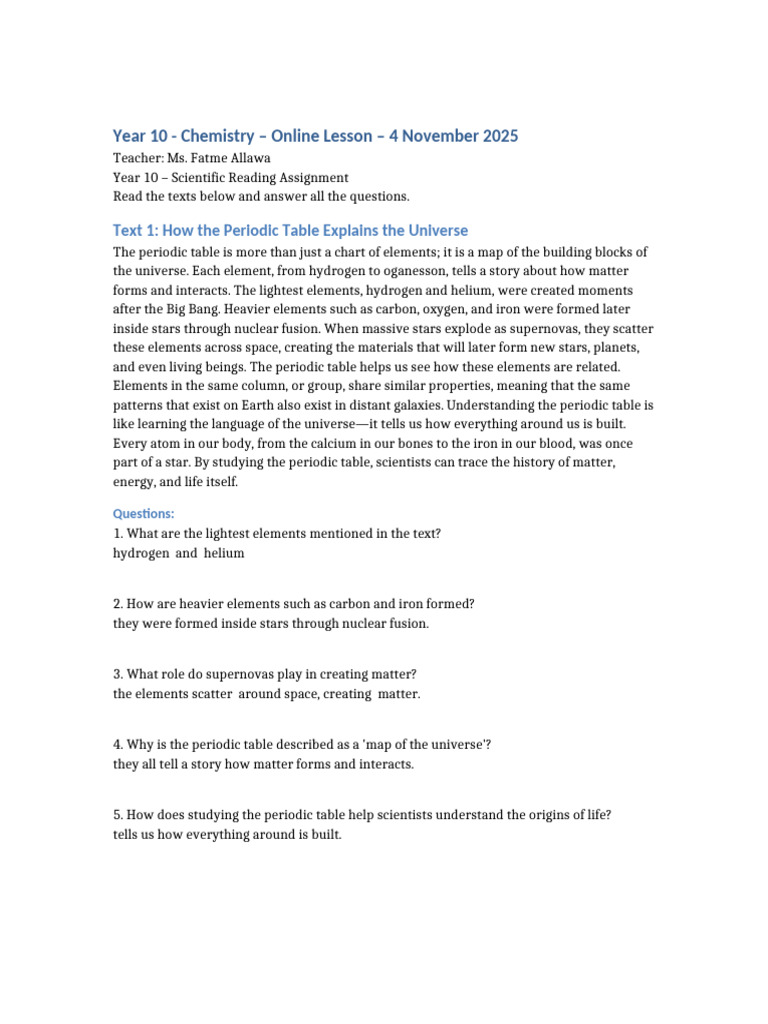 Year 10 - Chemistry | PDF | Chemical Elements | Periodic Table