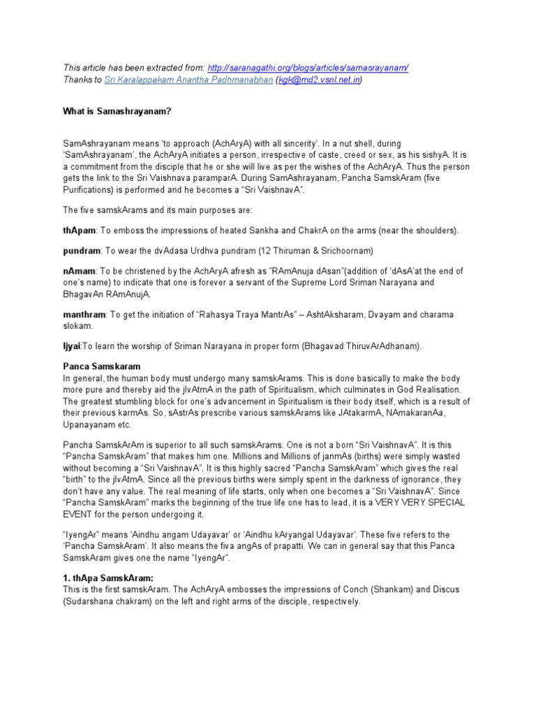 Samashrayanam: The Five Sacraments of Sri Vaishnavism | PDF ...