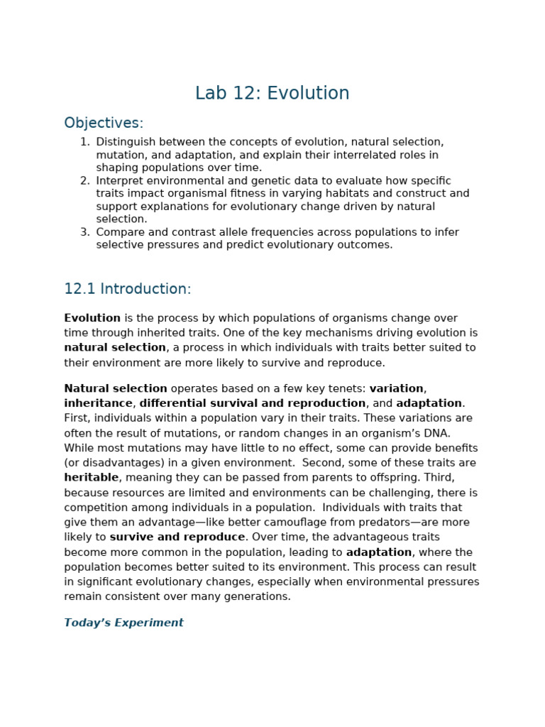 Lab 12 - Evolution Virtual Lab Worksheet | PDF | Evolution | Natural ...