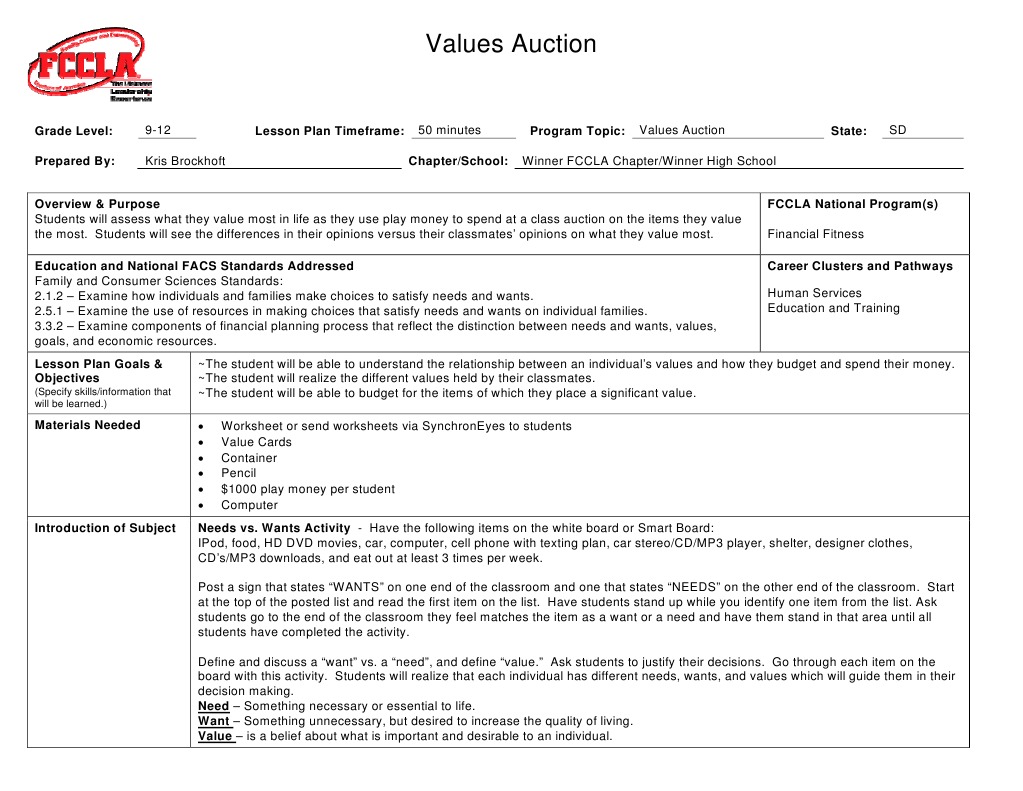 Values Auction | PDF | Auction | Worksheet