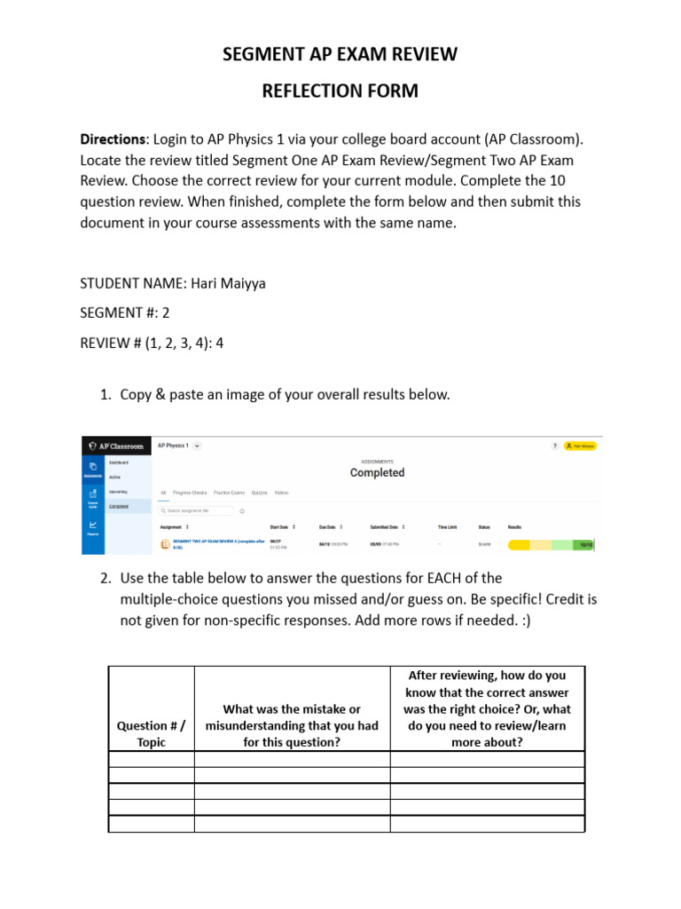 AP Physics 1 - AP Exam Reviews Reflection Form | PDF