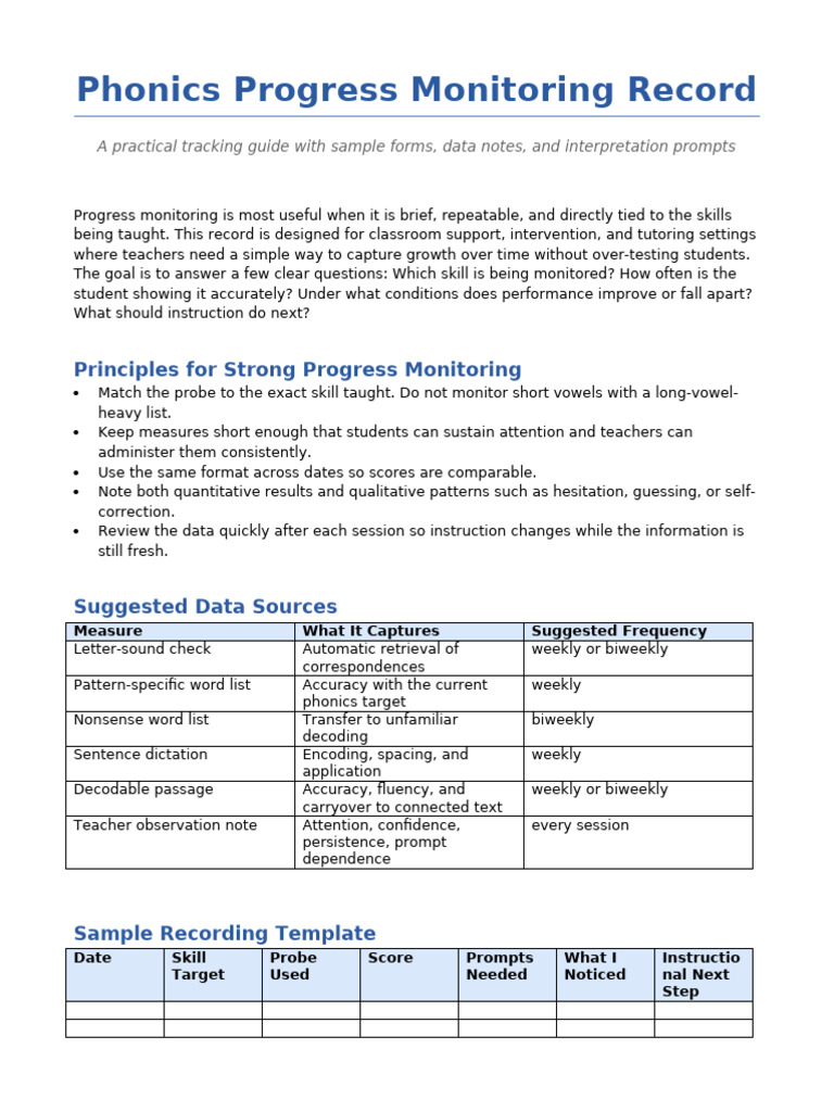 Phonics Progress Monitoring Record | PDF | Phonics | Learning