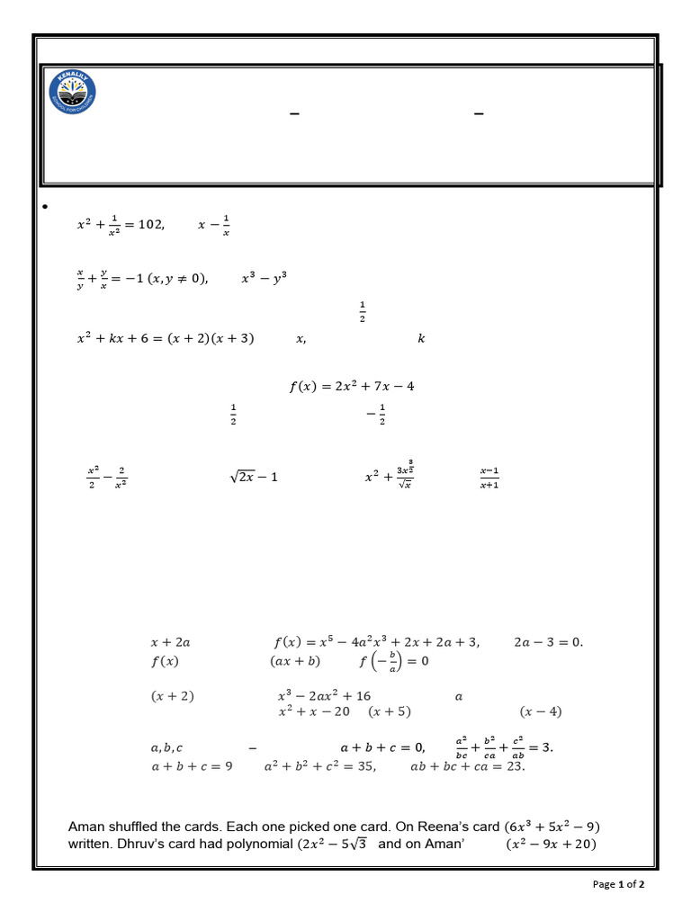 Class IX_Ws-3_Ch. 2 Polynomials 3 | PDF | Polynomial | Numerical Analysis