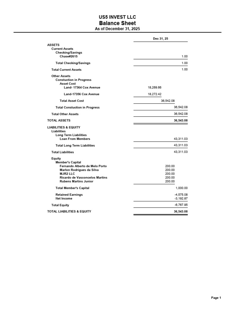 Balance Sheet Fy 2025 - Us5 Invest Llc | PDF