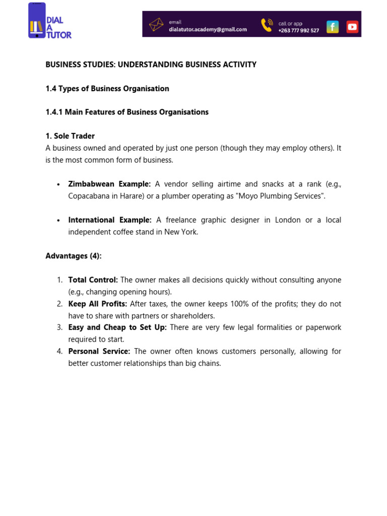 Igcse Business Studies 2026 1.4 Types of Business Organisation | PDF ...