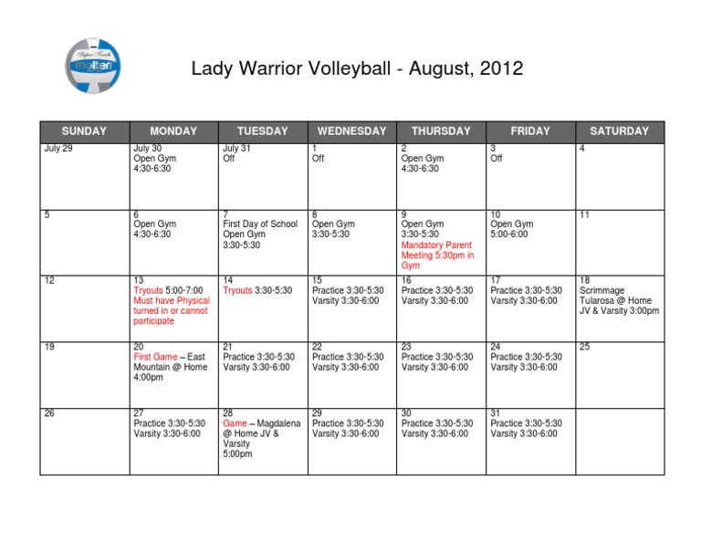 Volleyball Calendar Aug2012 | PDF