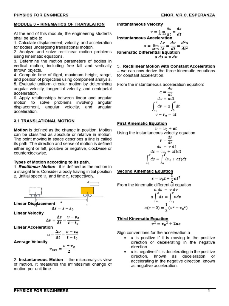 Module 3 Kinematics of Translation | PDF | Acceleration | Kinematics