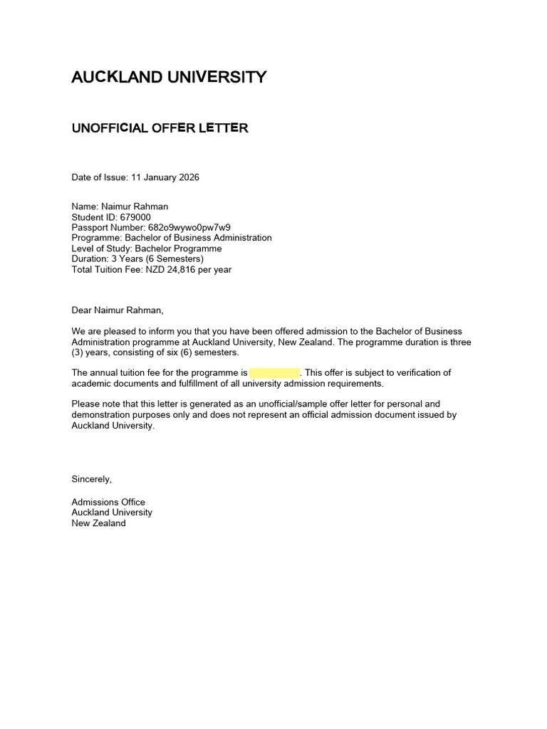 Unofficial Offer Letter Naimur Rahman Auckland University(1)(1)(1)(1) | PDF