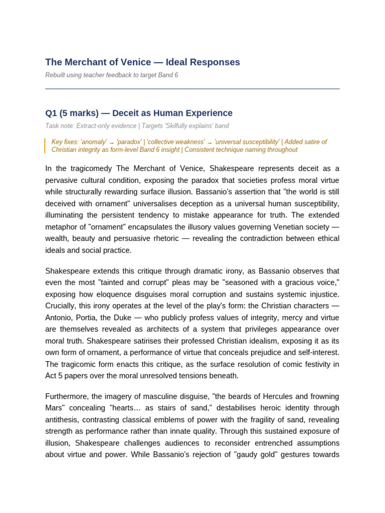 Merchant_of_Venice_Ideal_Responses | PDF | The Merchant Of Venice | Shylock