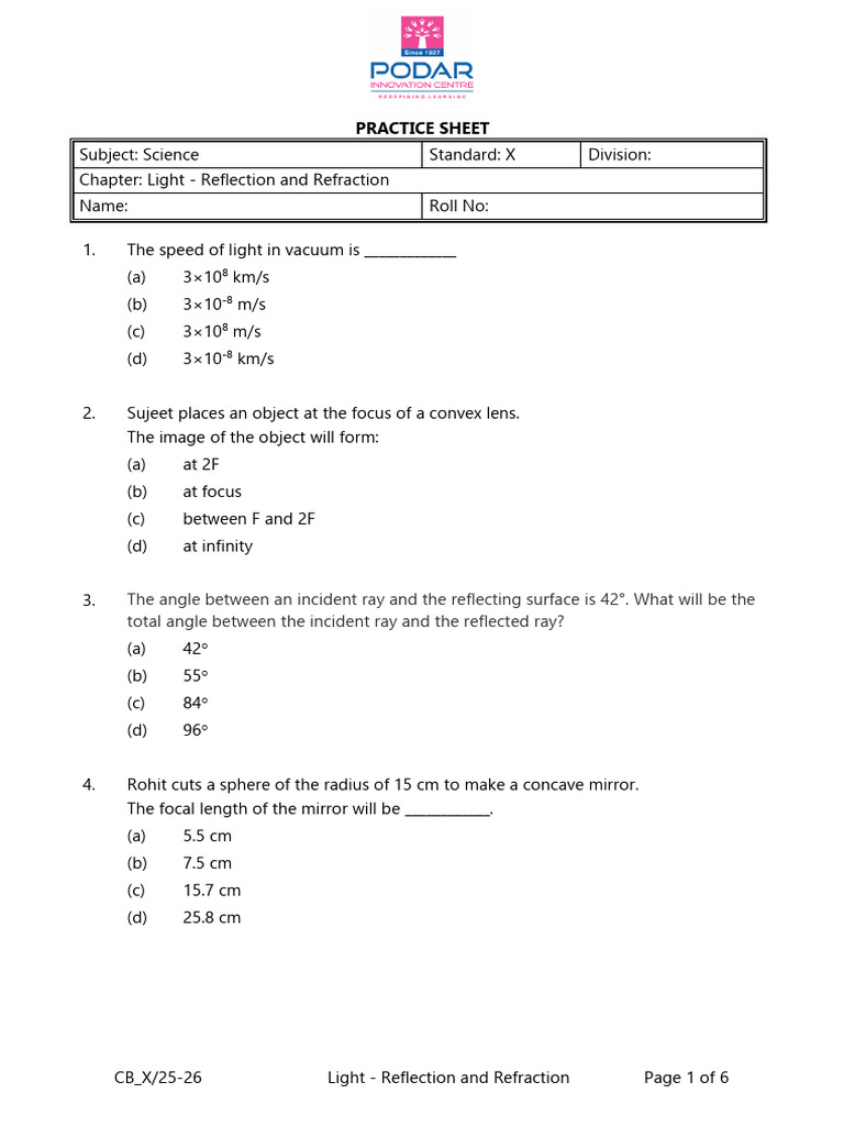 1750688017080.PS CB X Sci Light - Reflection and Refraction | PDF ...