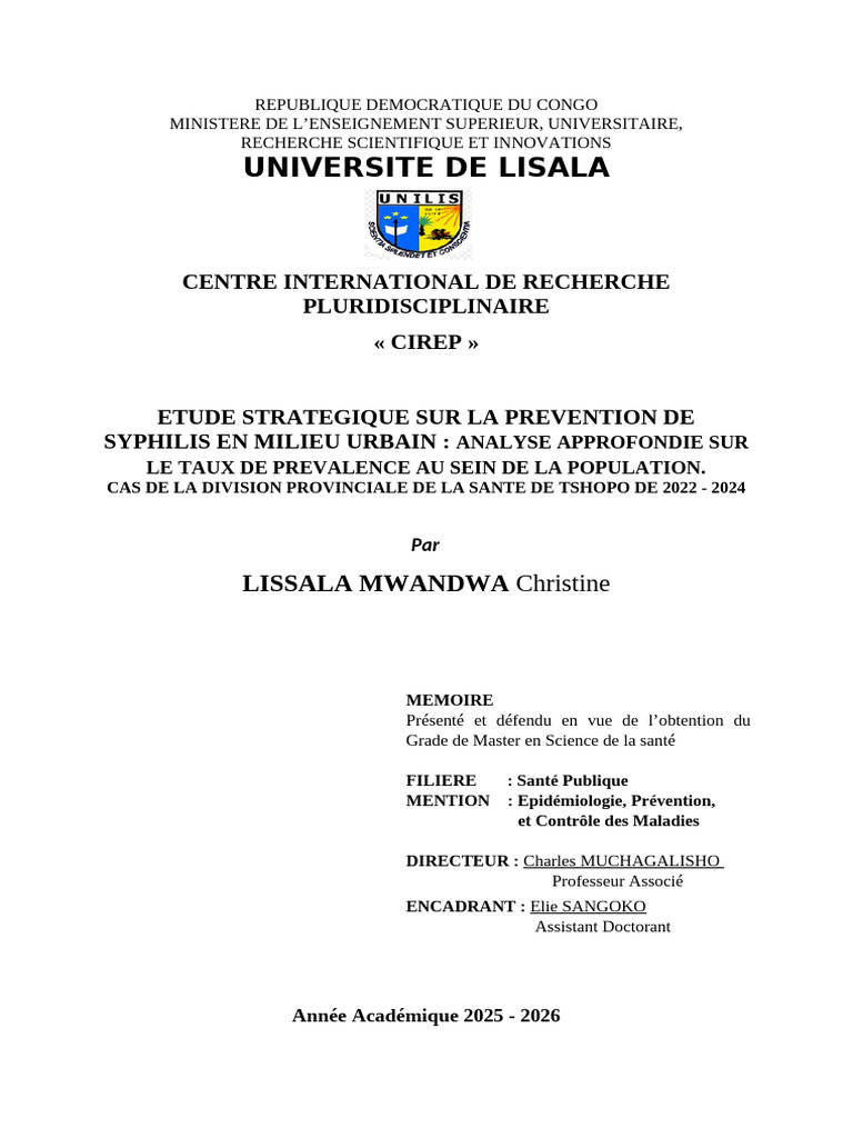 Memoire Fin Master Lissala Mwandwa | PDF | Infection | Infection ...