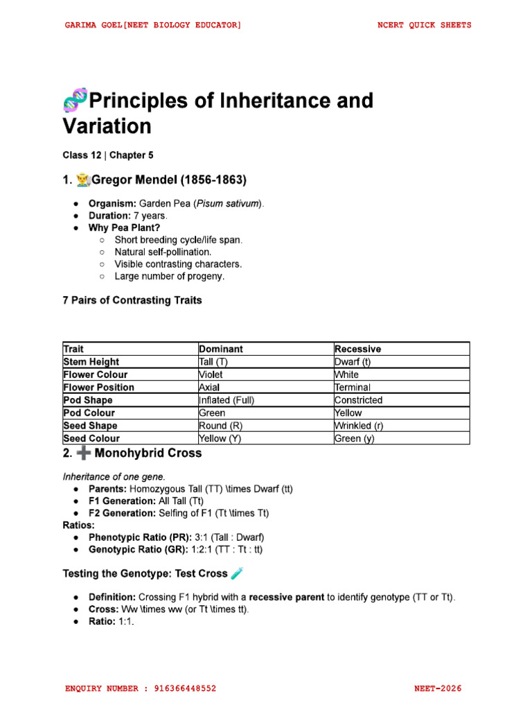 Principle of Inheritance QRN NOTES | PDF