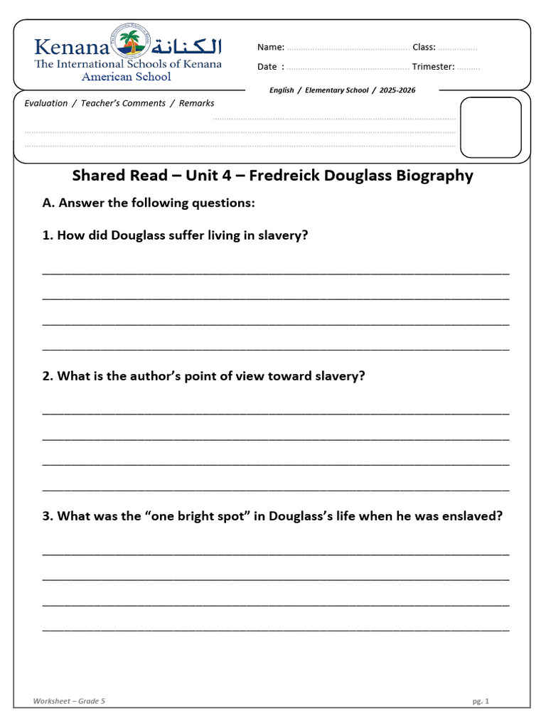 Unit 4 Frederick Douglass Biography Homework Sunday 01-3-2026 | PDF ...