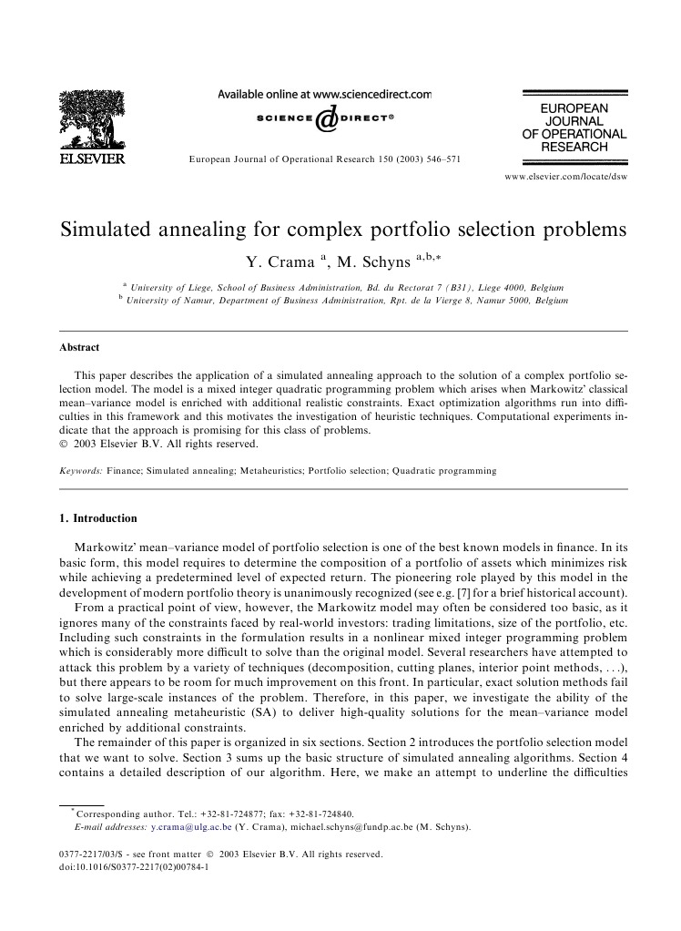 Simulated Annealing For Complex Portfolio Selection Problems | PDF ...