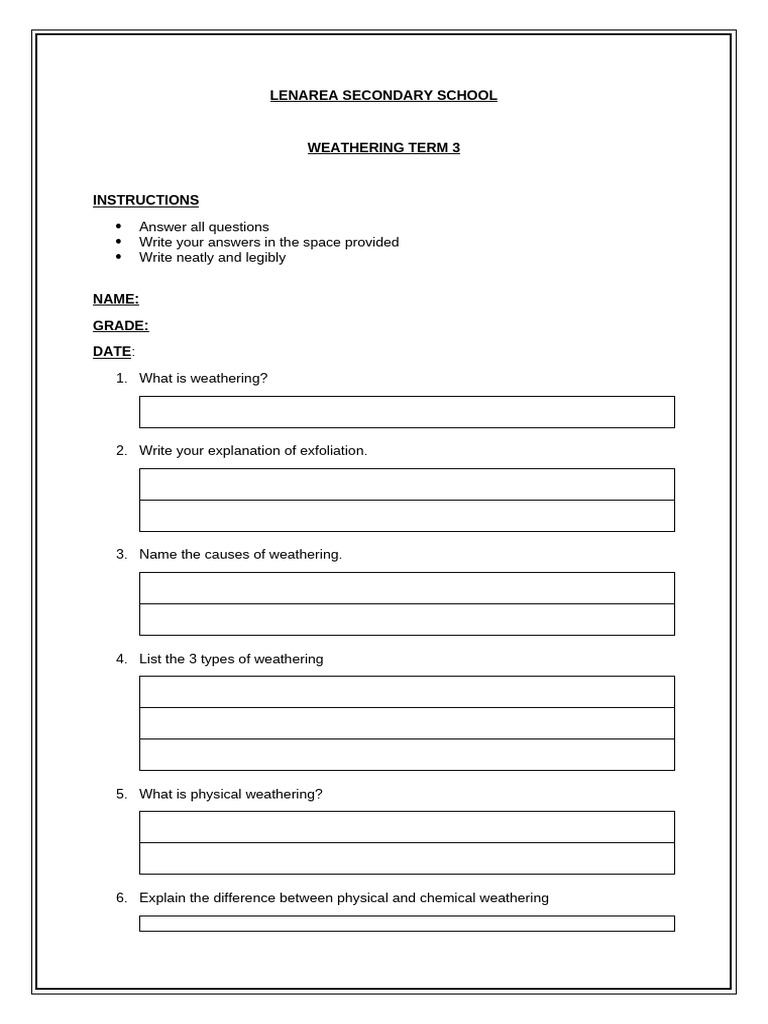 Grade 9 Weathering Worksheet | PDF
