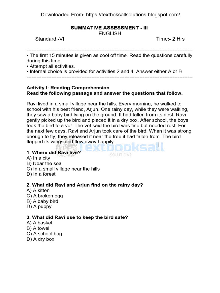 STD 6 ANNUAL SUMMATIVE ASSESSMENT ENGLISH - QP@Textbooksallsolutions | PDF