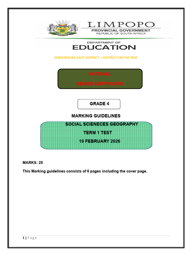 Grade 4 Geography Term 1 Test 2026 Memo | PDF | Cognition