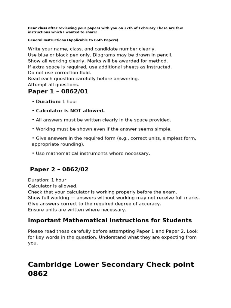 Math Checkpoint Instructions | PDF | Multiplication | Inequality ...