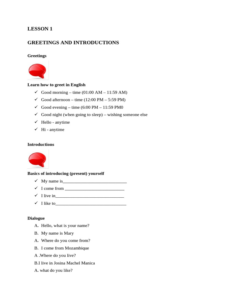 LESSON 1 Greetings and Introductions | PDF