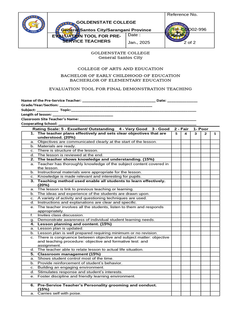 Evaluation Tool For Final Demo 2025 2026 | PDF | Teachers | Teaching Method