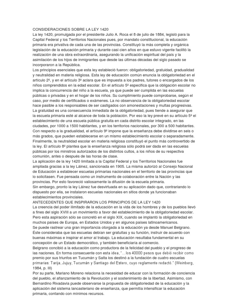 Consideraciones Sobre La Ley 1420 | PDF | Educación primaria | Nación