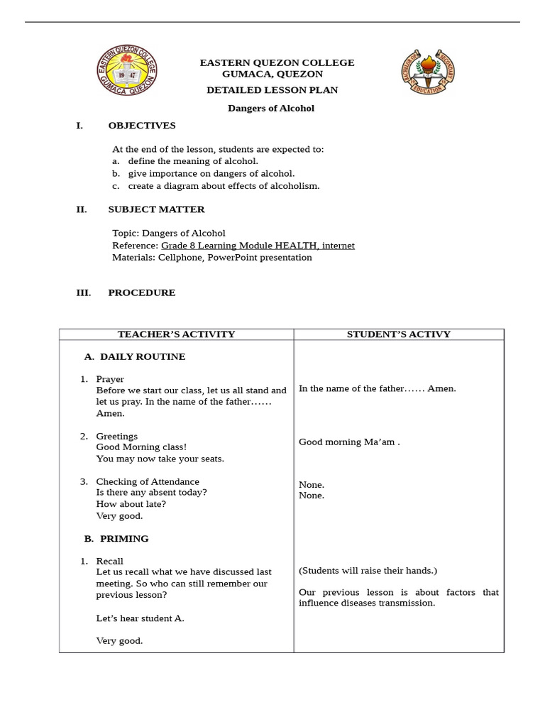 Lesson Plan Dangers of Alcohol | PDF | Ethanol | Alcoholic Beverages
