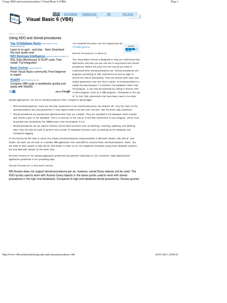 Using ADO and Stored Procedures - Visual Basic 6 (VB6) | PDF | Parameter (Computer Programming ...