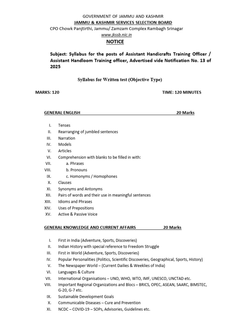 JKSSB Assistant Handicrafts Handloom Training Officer Syllabus 2026 ...