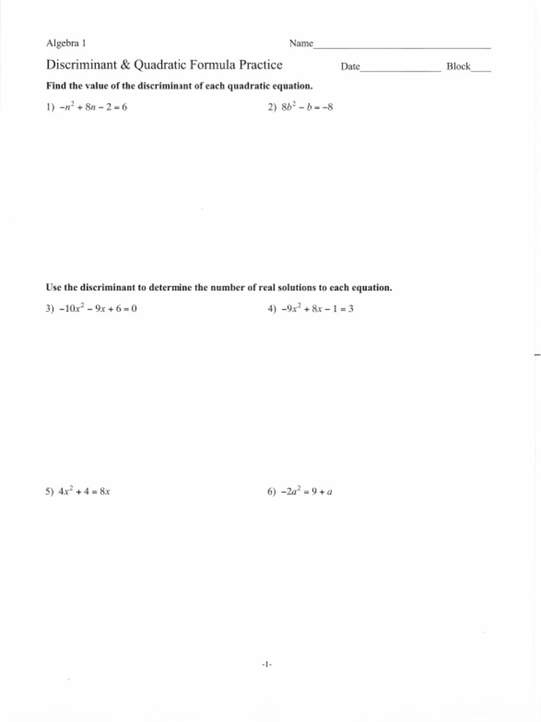 Discriminant and Quadratic Formula Practice | PDF