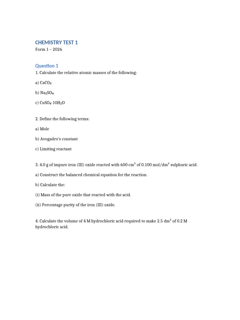 Test 1 Chemistry 12 | PDF