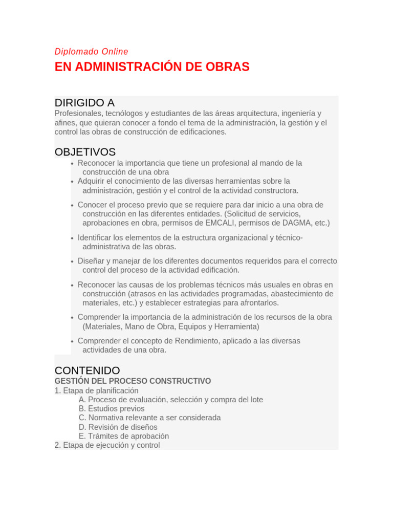 Diplomado Online Admon de Obras | PDF
