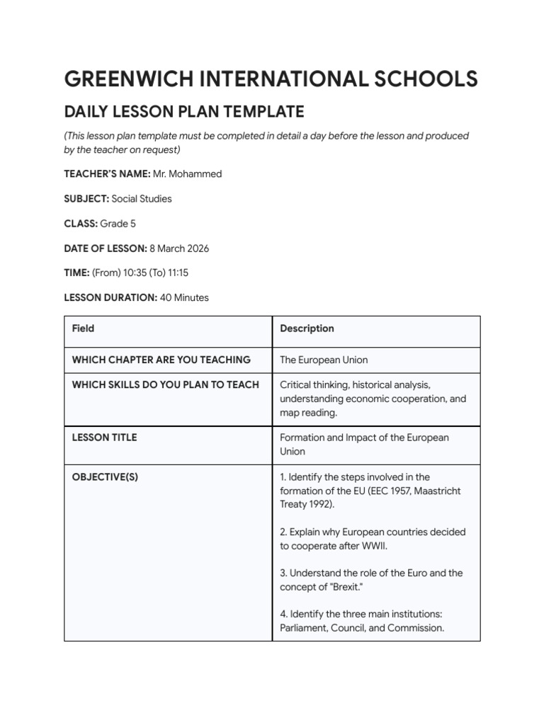 Week 28 Grade 5 Social Studies 8 March 2026 Lesson Plan | PDF ...