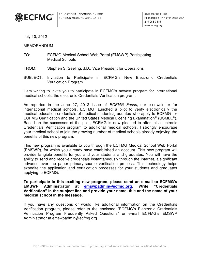 Invitation To Participate in ECFMG's New Electronic Credentials ...