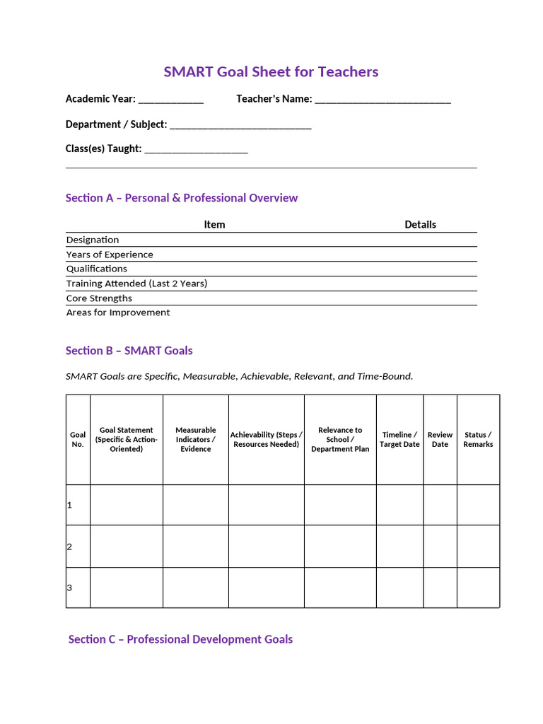 SMART Goal Sheet for Teachers | PDF
