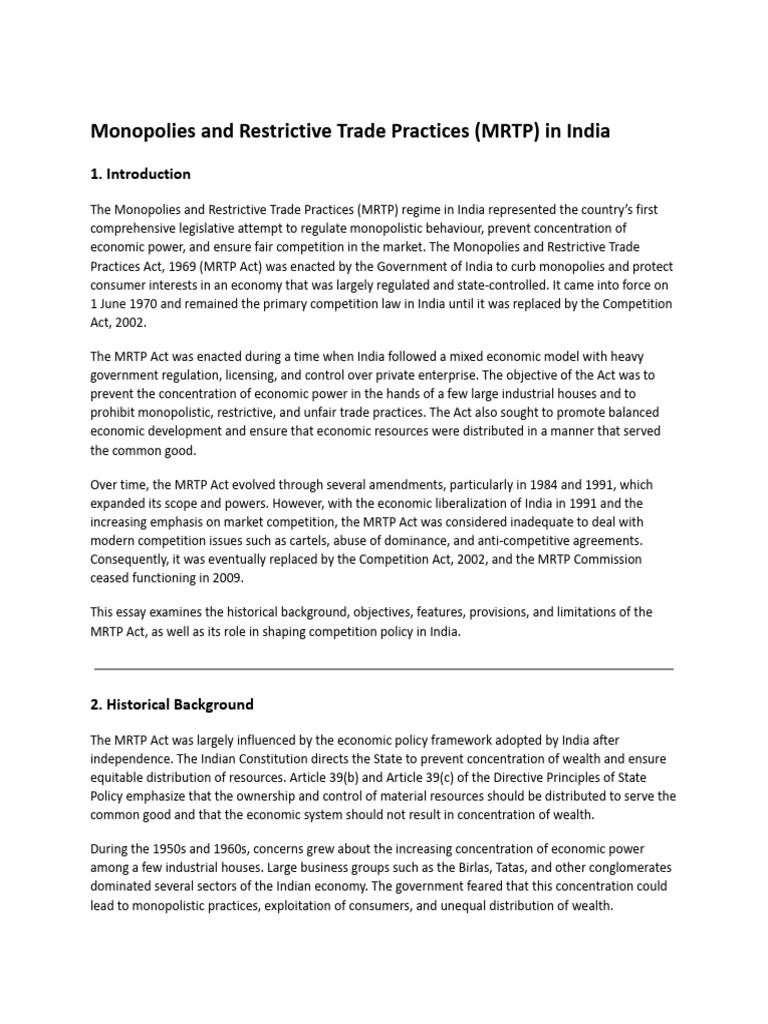 Monopolies and Restrictive Trade Practices (MRTP) in India | PDF ...