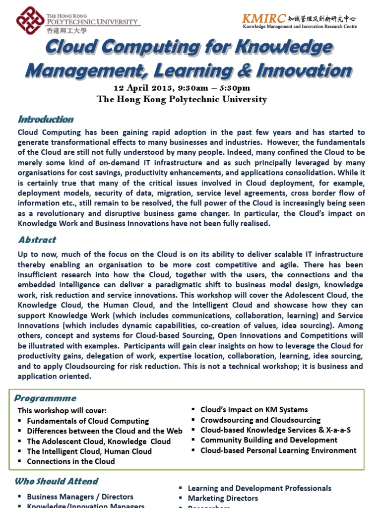Workshop On Cloud Computing For Knowledge Management and Innovation ...