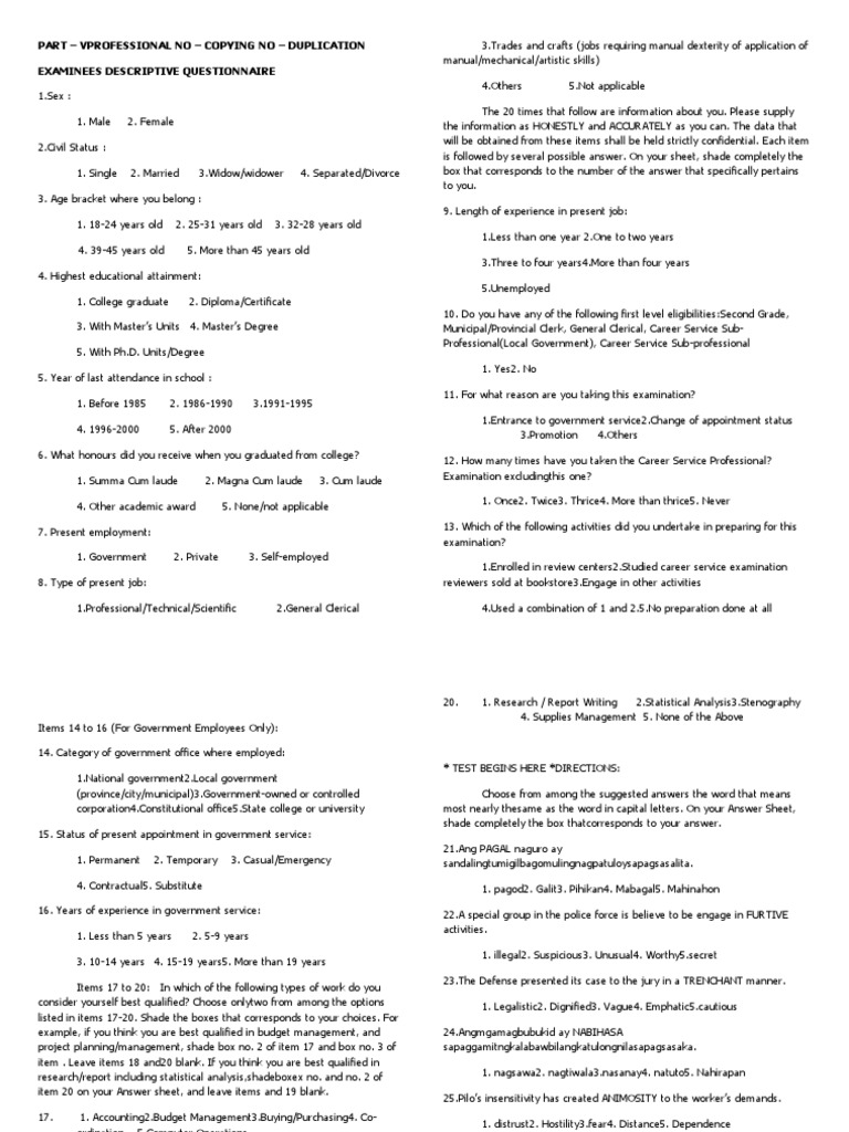 Examinees Descriptive Questionnaire | PDF | Multiple Choice | Test ...